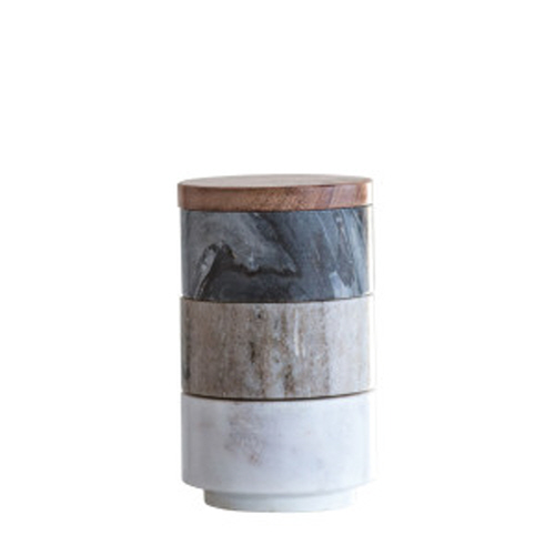 3" ROUND X 4-1/2"H MARBLE STACKABLE PINCH POTS W/ ACACIA WOOD LID, SET ...